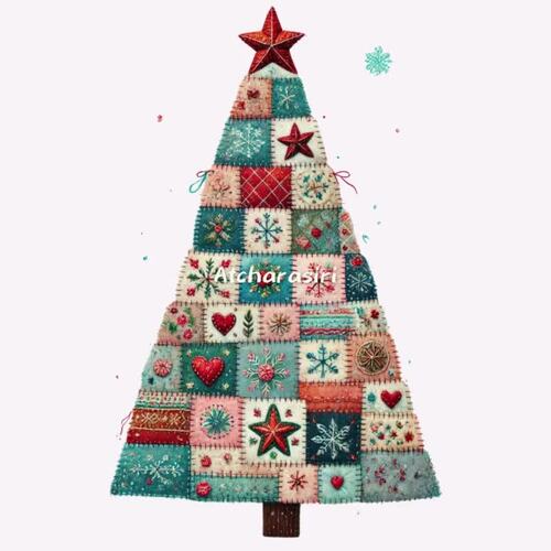 Hand Embroidered Christmas Tree Clipart – 17 PNGs, Transparent Background,