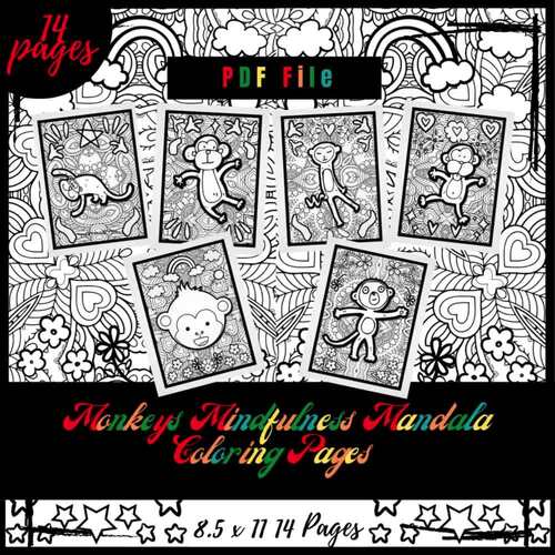 Monkeys Mindfulness Mandala Coloring Pages, Jungle Animals Coloring ...