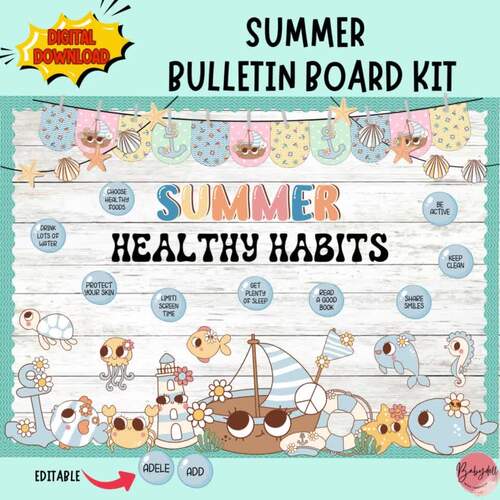 Healthy Habits Summer Bulletin Board Ocean theme Decor April Door ...