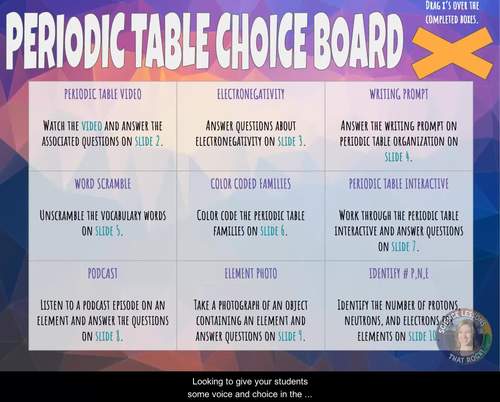 Periodic Table Digital Choice Board for Chemistry by Science Lessons ...