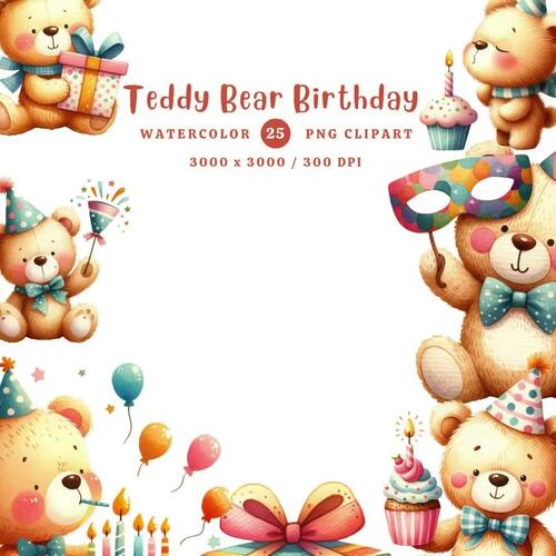 Teddy Bear Birthday Watercolor Clipart PNG by Adorable Clipart | TPT