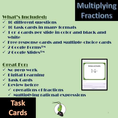Multiplying Fractions Set 1 Task Cards, Google Slides and Google Forms