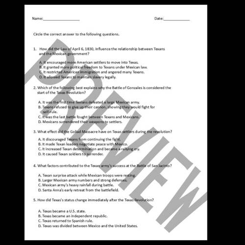 Texas Revolution Reading Comprehension Passage Texas Independence Reading