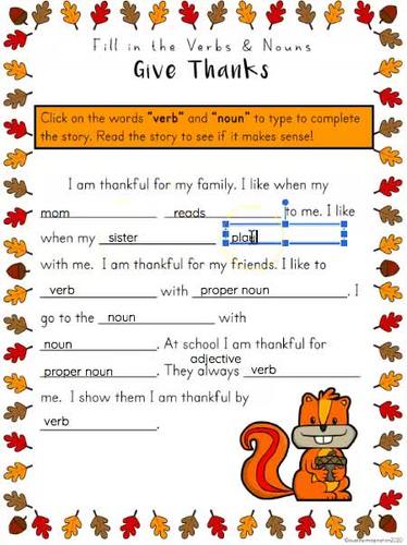 Fill in the Parts of Speech Thanksgiving Worksheets - Print and Digital