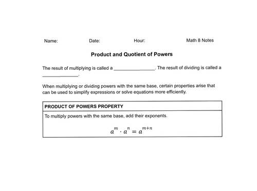 Math 8 1-2 Product and Quotient of Powers Guided Notes, Lesson ...