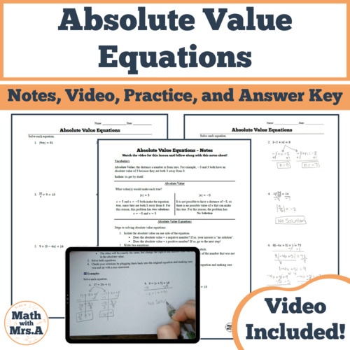 Absolute Value Equations | Notes, Video Lesson, Worksheet | Algebra I