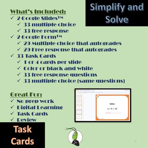 Simplify Expressions and Solve Equations #2 Algebra Task Cards Google