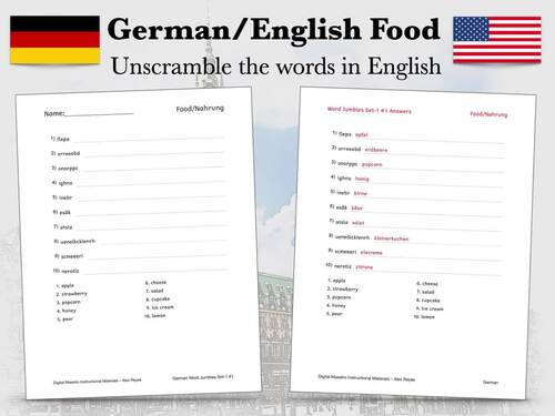 German/English food vocabulary Word Jumble puzzles | TPT