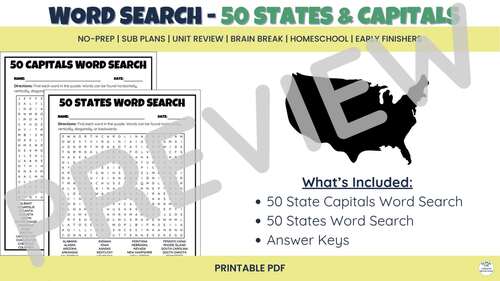 States and Capitals Word Search on U.S. Geography Worksheet 3rd-7th ...