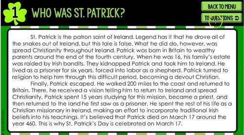 St. Patrick's Day Reading Comprehension | Digital St. Patrick's Day ...