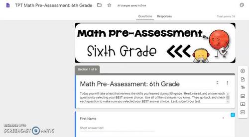 6th Grade Math Pre-Assessment Beginning of Year Math Test | TPT