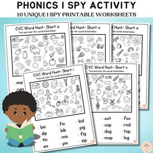 Phonics CVC Worksheets, I SPy Picture Hunt Literacy Printable Activity