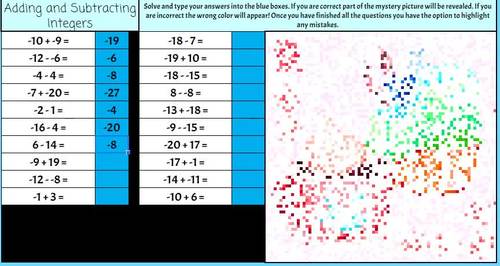 Adding and Subtracting Integers Pixel Art by Pick Up and Go Resources