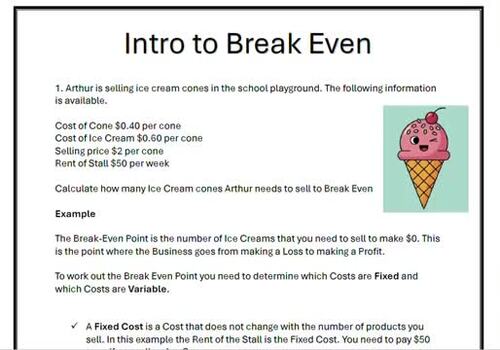 Intro to Break Even Analysis Tables – Accounting Student Task Sheets ...