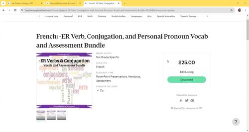 French: -ER Verb, Conjugation, and Personal Pronoun Vocab and ...