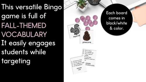 Fall Bingo Language Game for Speech Therapy Vocabulary Printable + Digital