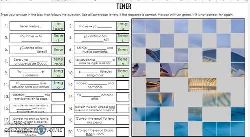 Tener Mystery Picture Short Answer Version Conjugation Practice | TPT