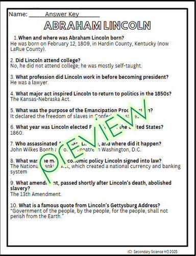 Abraham Lincoln US President Study Guide & Worksheet PDF Coloring and ...