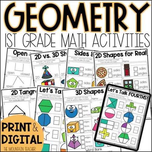2D and 3D Shapes Worksheets and Fractions Activities - 1st Grade Math Unit
