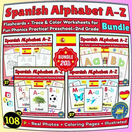 Spanish Alphabet Bundle A–Z | Flashcards + Trace & Color Beginning Sounds