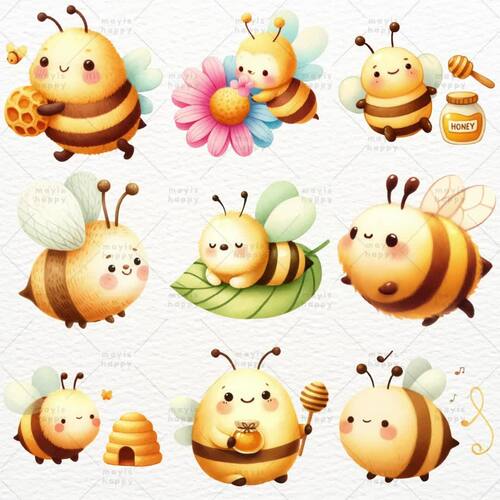 Cute Honey Bee Watercolor Clipart PNG by Adorable Clipart | TPT