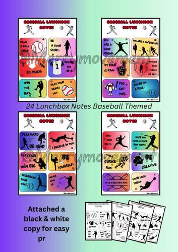 24 Printable Baseball Lunchbox, Notes Cute Baseball Cards for Lunchbox