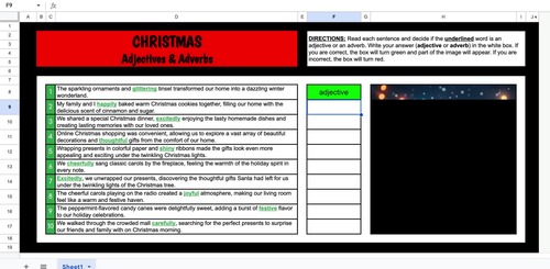 CHRISTMAS ADJECTIVES & ADVERBS Google Sheets Digital Mystery Picture