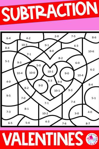 Valentine's Day Color by Number Subtraction by Primary Piglets | TPT