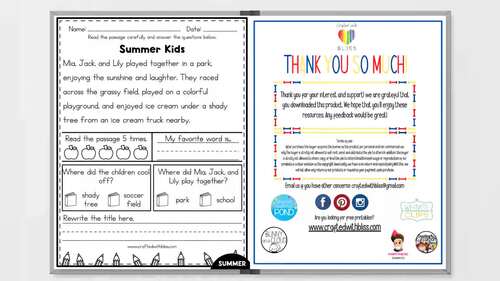 Summer Kindergarten Reading Comprehension Passages | Literacy Center