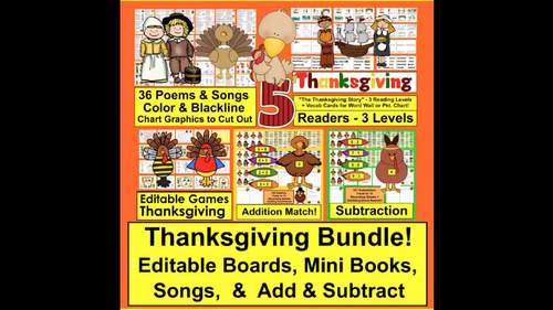 Thanksgiving BUNDLE: Mini Books, Editable Games, Songs, Add & Subtract!