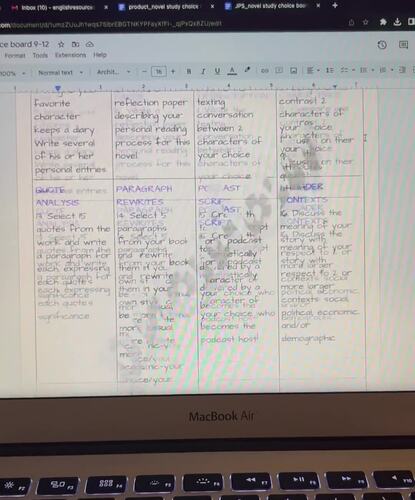 Novel Study Any Book Choice Board Writing Project-High School English 9 ...