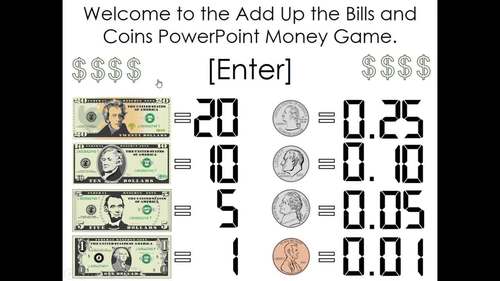 Add Up the Bills and Coins PowerPoint US Dollars Money Game | TPT