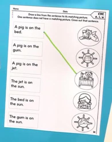 Matching Decodable Sentences to Pictures with CVC Words No Prep Worksheets