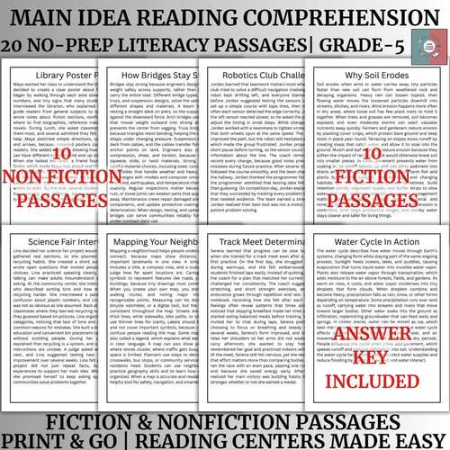 No-Prep Grade 5 Main Idea Reading Passages | Fiction & Nonfiction ...