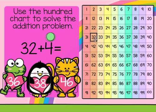 | Boom Cards| 2 Digit Plus 1 Digit Addition- With Hundreds Chart- Choices