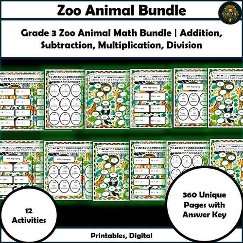 Grade 3 Zoo Animal Math Bundle Addition Subtraction Multiplication Division