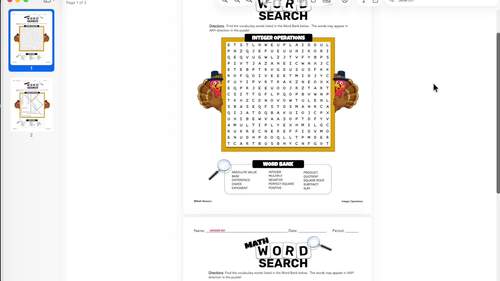 6th Grade Thanksgiving Math Fun Worksheet: Word Search Integer Operations