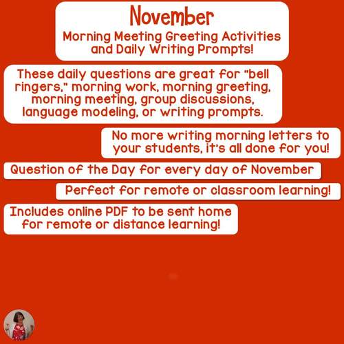 November Team Building, Morning Greeting, Shares, and Daily Writing Prompts