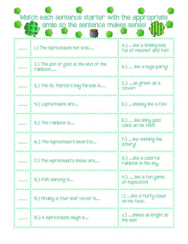 St Patrick's Day Figurative Language Simile & Metaphor Matching No Prep ...
