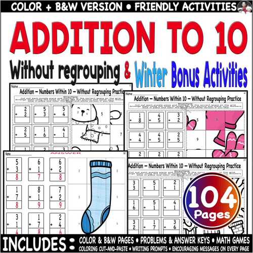 Winter Math Activities, Addition to 10 without regrouping Mystery ...