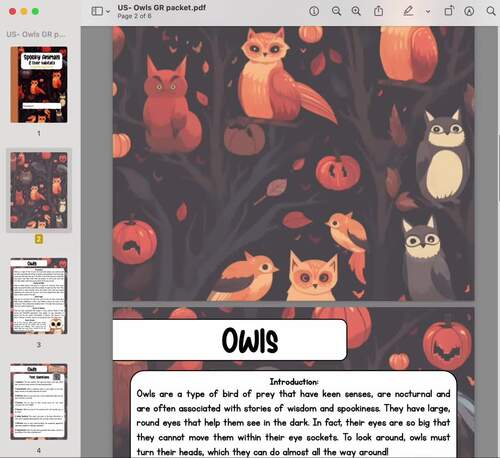 Owls || Spooky Animal Informational Text || Halloween Guided Reading Packet