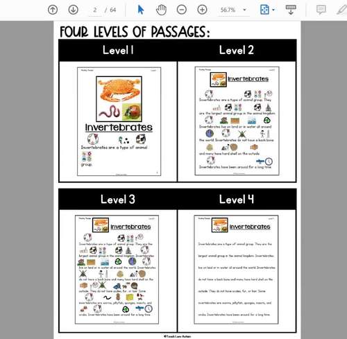 Invertebrates Reading Comprehension Passages and Questions with Visuals