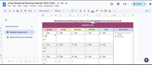 4 Day Rotational Planning Calendar 25-26 by Alyssa Fanelli | TPT