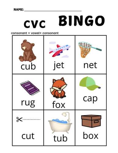 CVC Bingo. Brain break and fun activity to review CVC words. Phonics