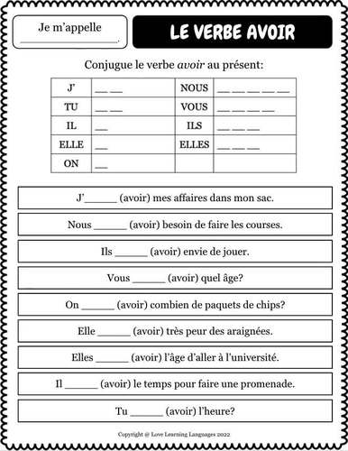 French Verb Avoir Present Tense Unit - 4 Printable Worksheets | TPT