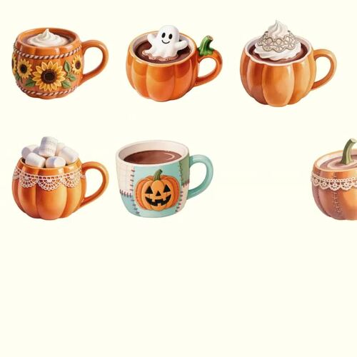 Pumpkin Hot Cocoa Mugs Embroidery Style Clipart – 18 PNGs, Transparent ...