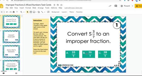 Mixed Numbers and Improper Fractions Digital Task Cards and Quiz