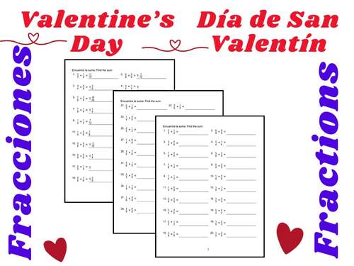 Día de San Valentín Fractions: 5 Suma Worksheets | Valentines Day