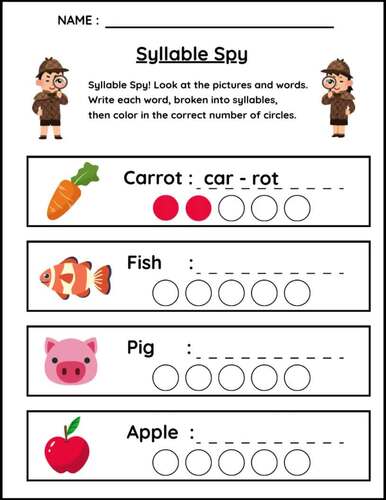 Syllable Spy Phonics Worksheets | Syllable Practice Grades 1-2 | TPT
