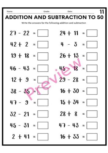 Addition and Subtraction up to 20,50,100 Math Worksheets by RED Sheets